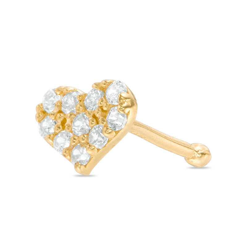 14K Solid Gold CZ Heart Nose Stud 22g